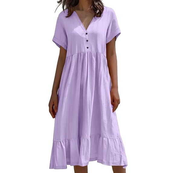 Virmaxy women summer dress 2026 Women's Solid Color V Neck Tier Ruffle ...