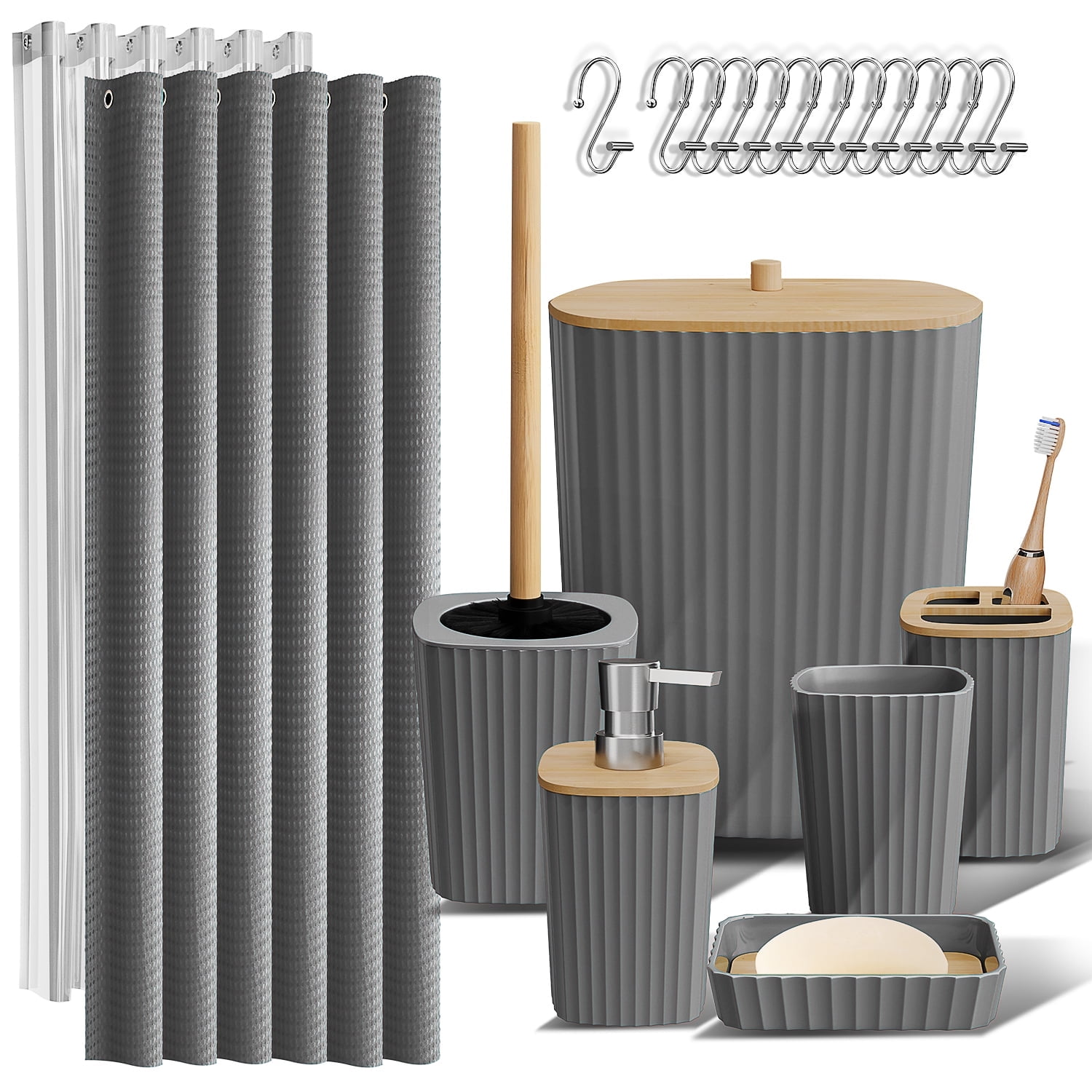 Virtu 20 Piece Bamboo Bathroom Sets, Gray Bathroom Accessories for ...