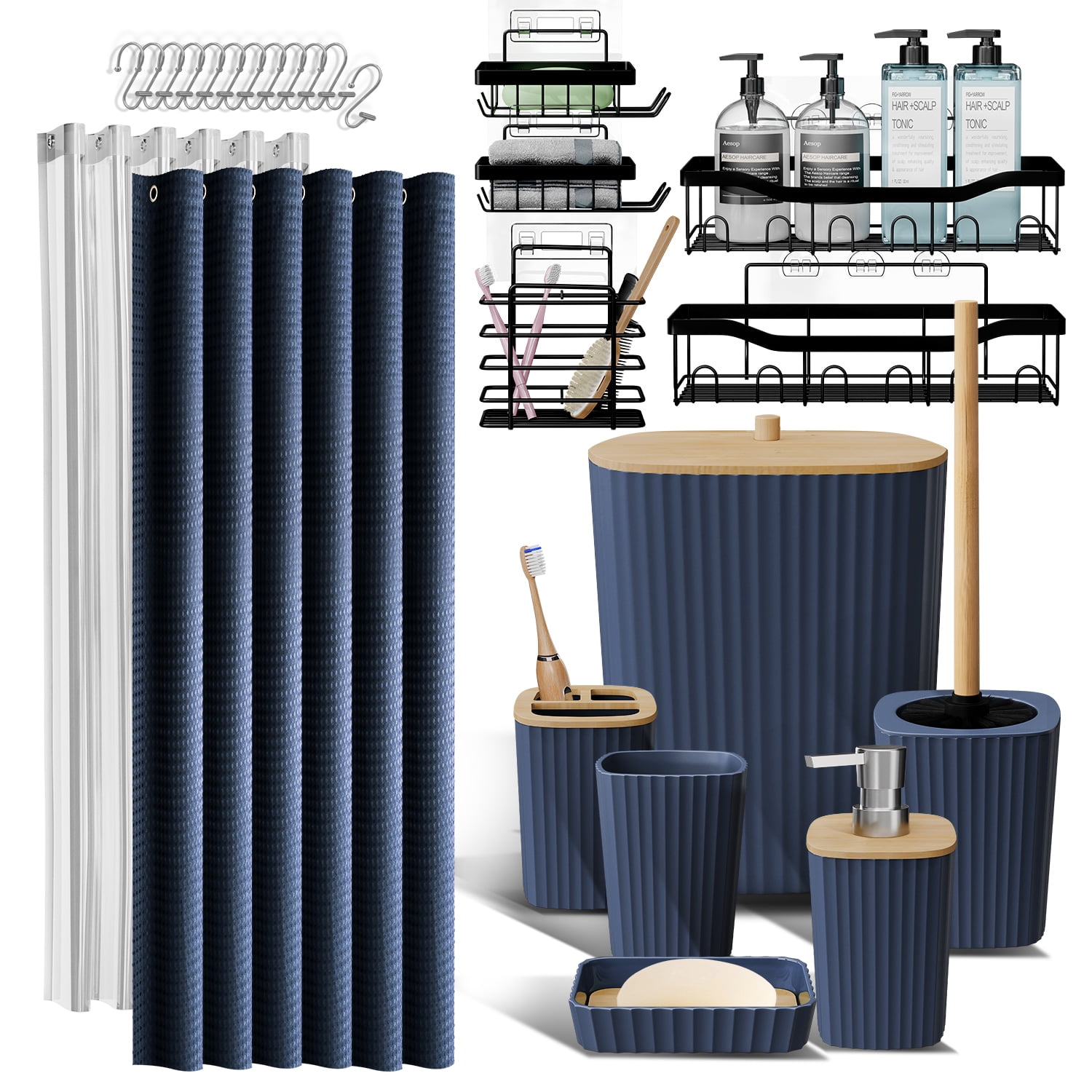Hearth & Harbor 24 Piece Bamboo Bathroom Sets, Navy Blue Bathroom ...