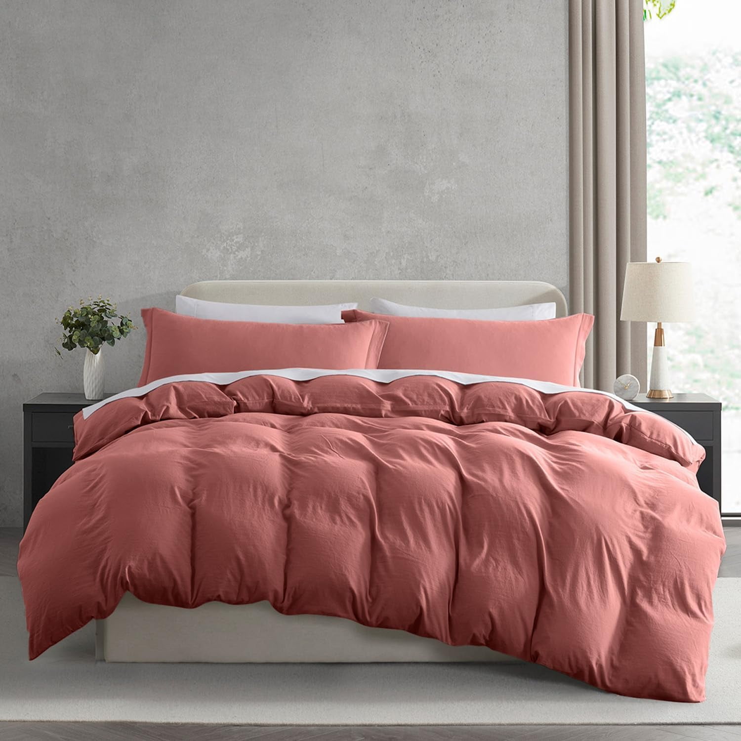 Virtu 3-Piece Duvet Cover Set, Soft Prewashed Bedding Set King with Pillow Shams, Pink Clay ...