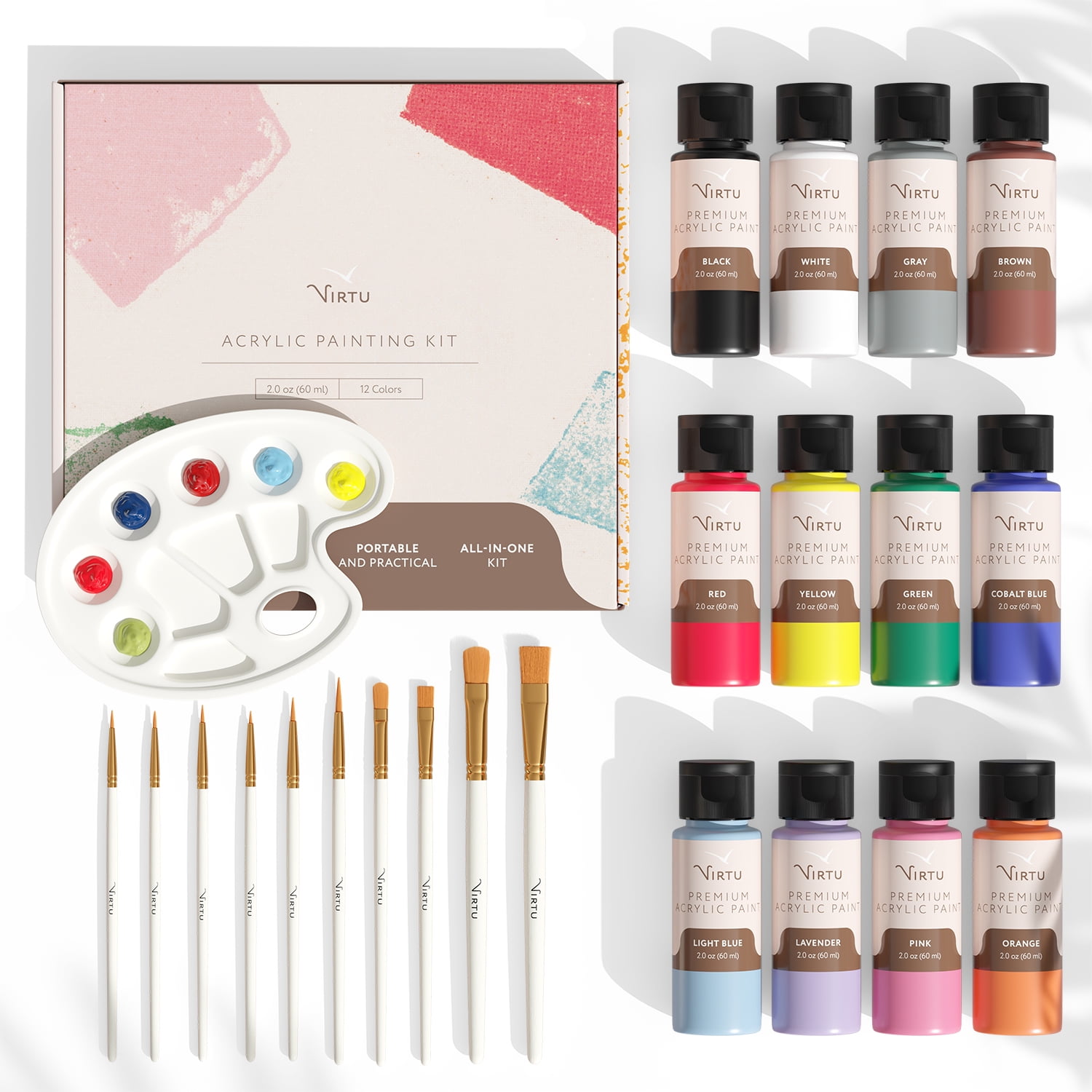 Virtu Acrylic Paint Set, 12 Colors (2oz/60ml) Matte Finish Acrylic ...