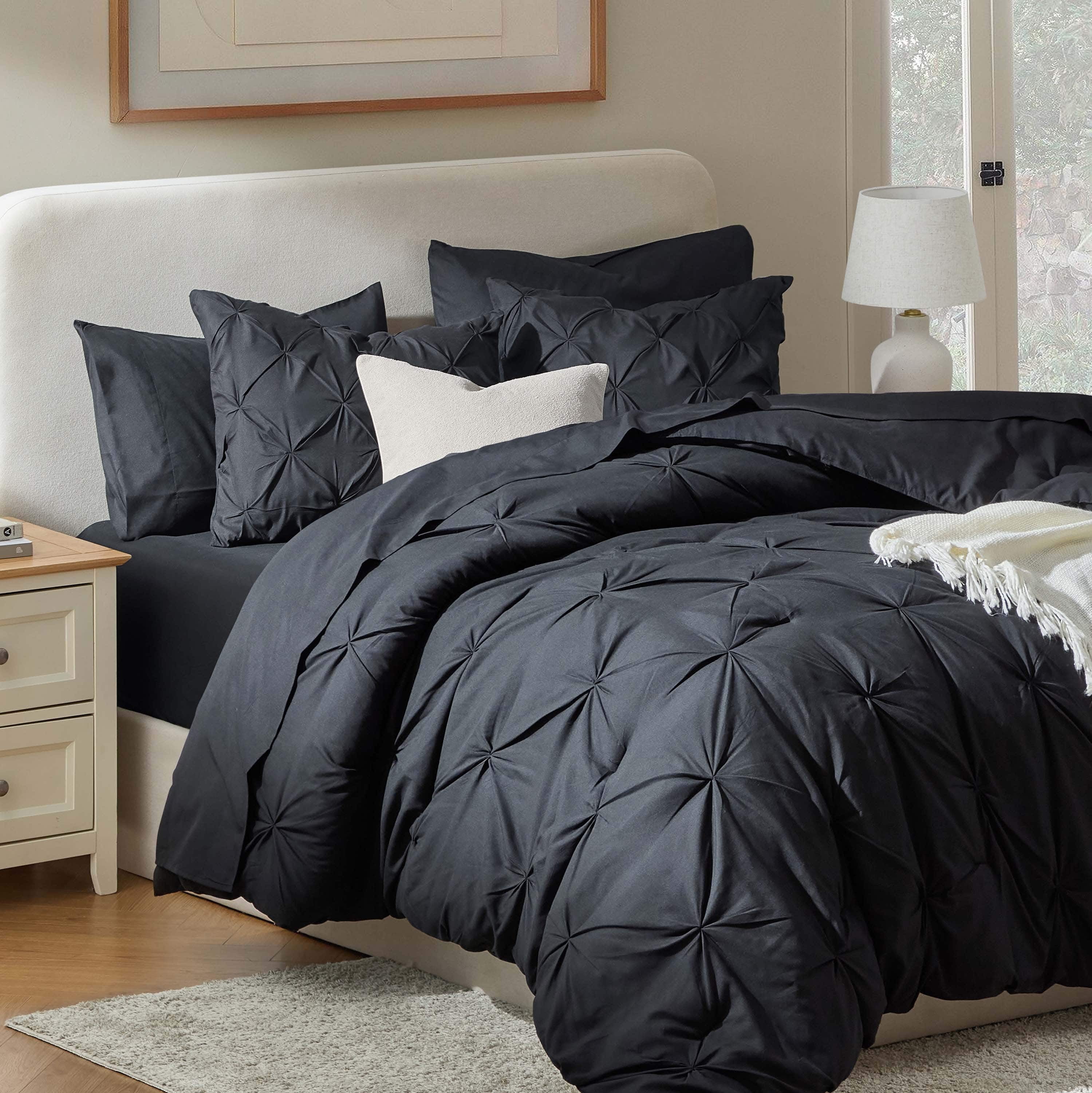 RAVURE Queen Comforter Set, 7pc Bed in a Bag, Black Pleated Microfiber ...