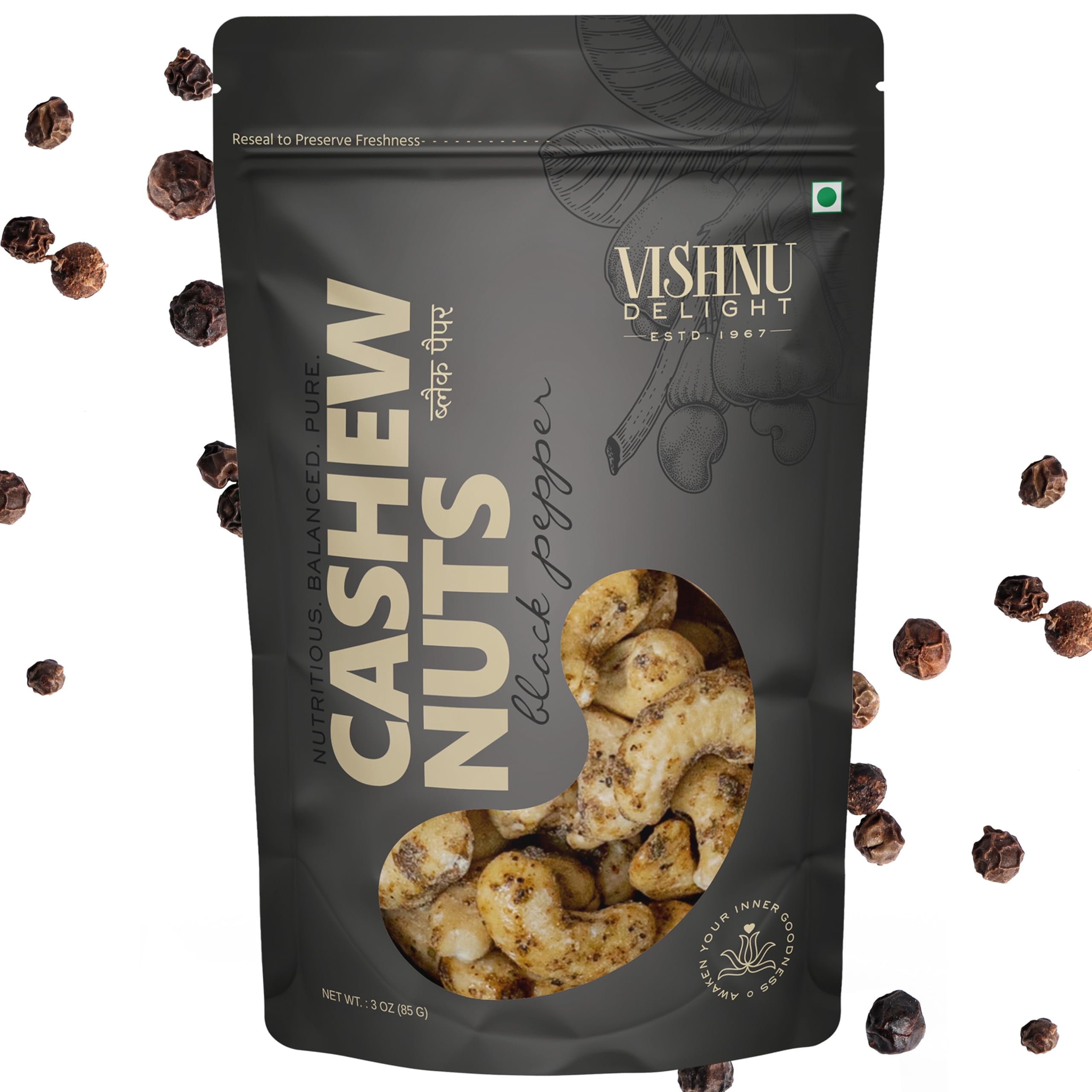 Vishnu Delight Flavored Dry Roasted Cashews - Gluten Free, Low Calorie, Zero Oil Vegan Snack ...