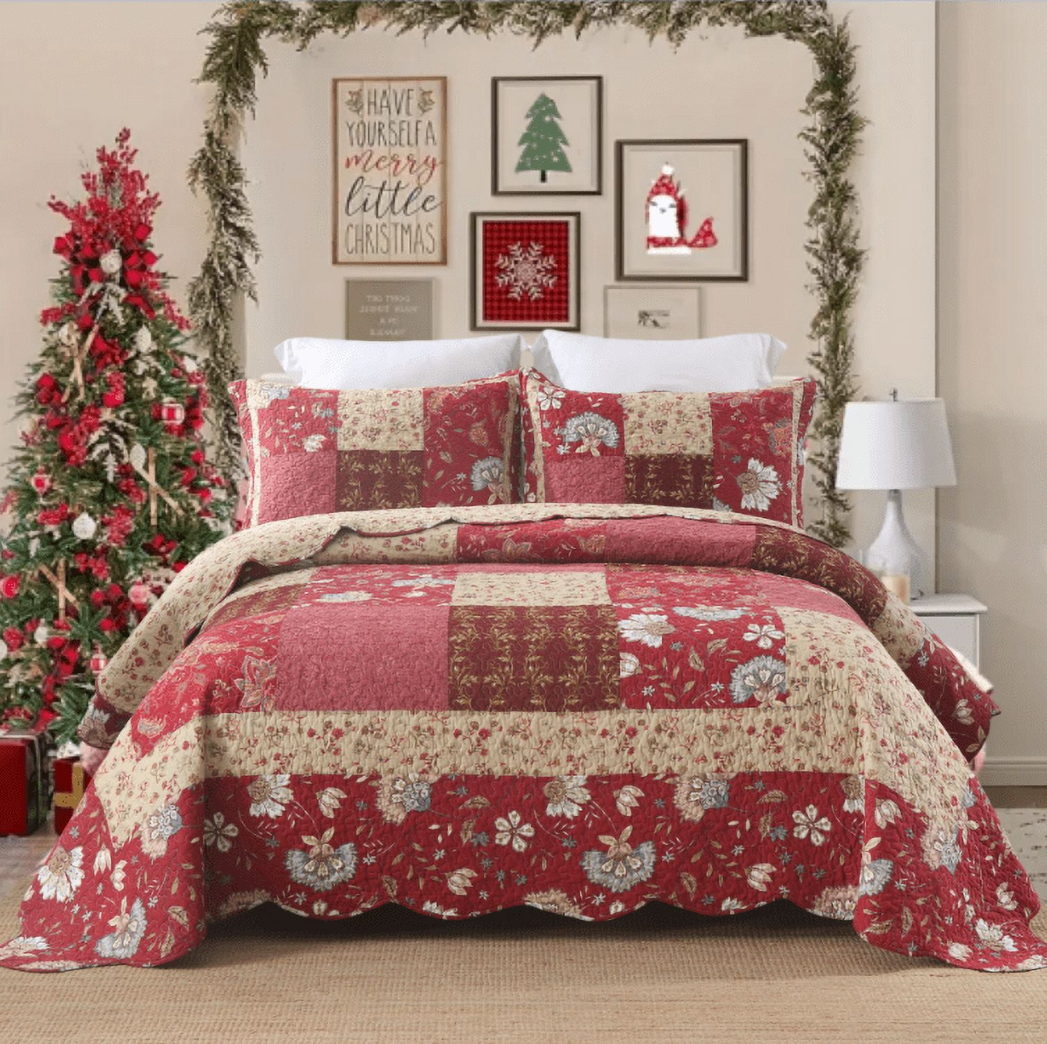 Visimisi 100%Cotton Christmas Bedspread Quilt Bedding Sets 3 Pieces ...