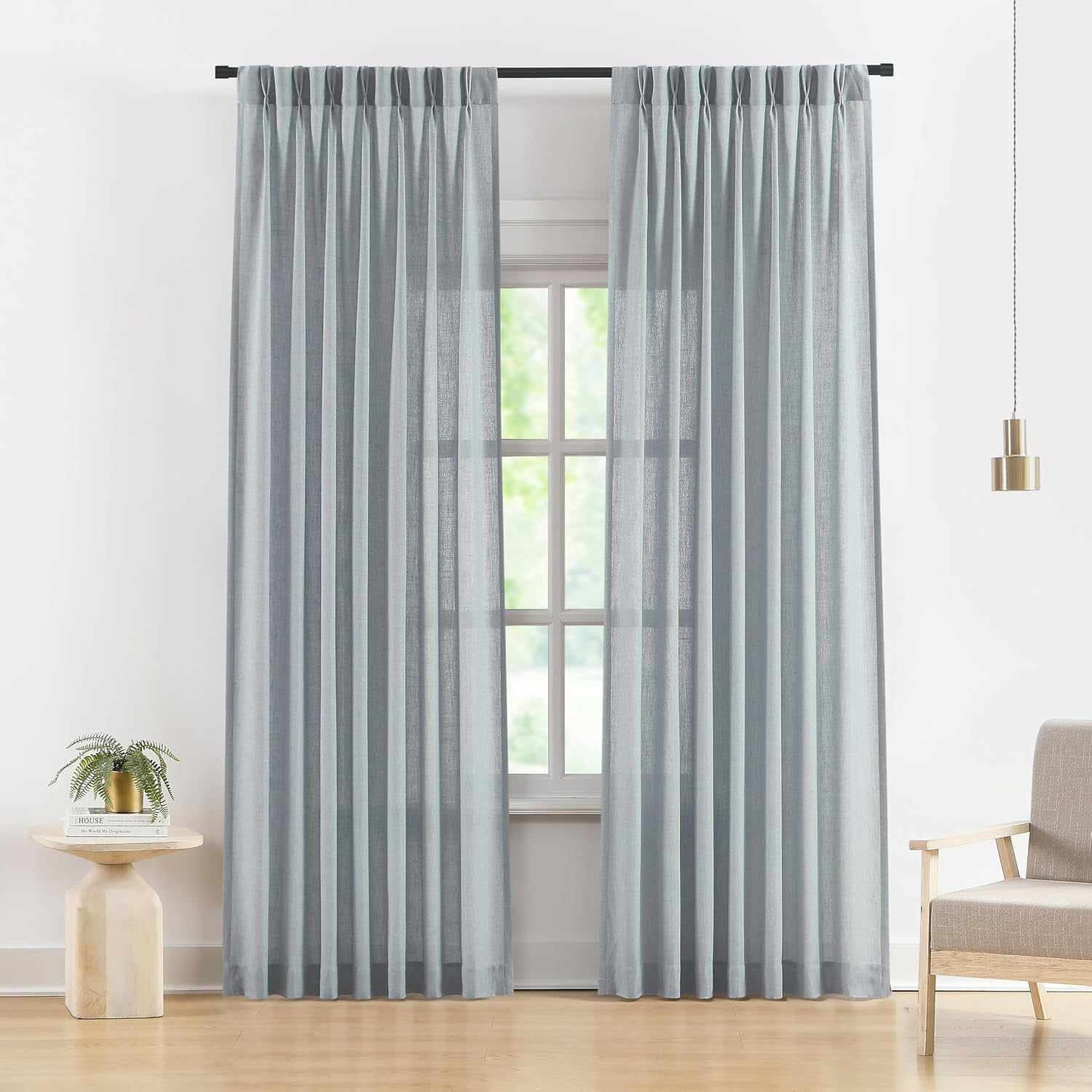 Vision Home Blue Fog Pinch Pleated Semi Sheer Curtains Textured Linen ...