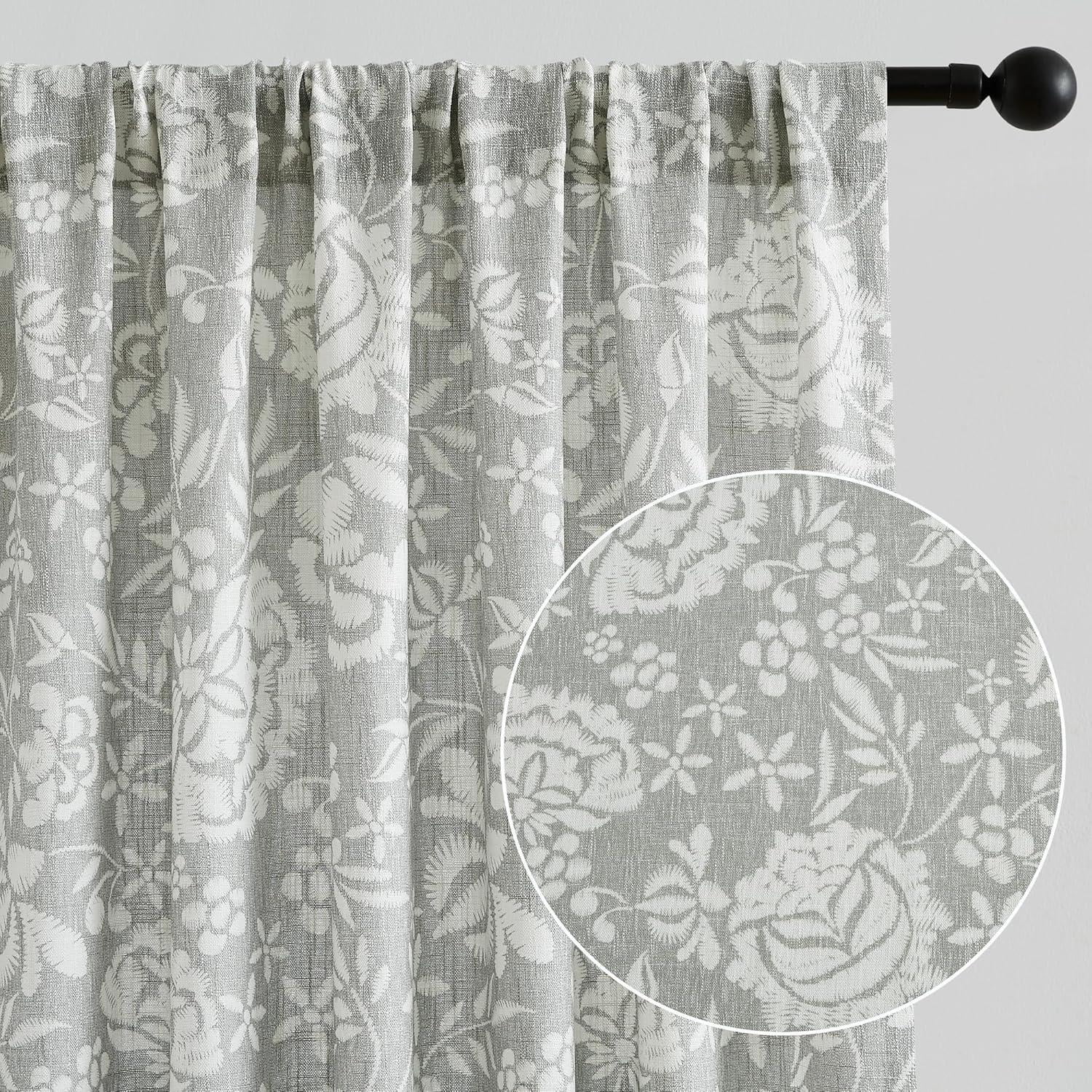 Vision Home Gray White Floral Semi Sheer Curtains Rod Pocket Back Tab ...