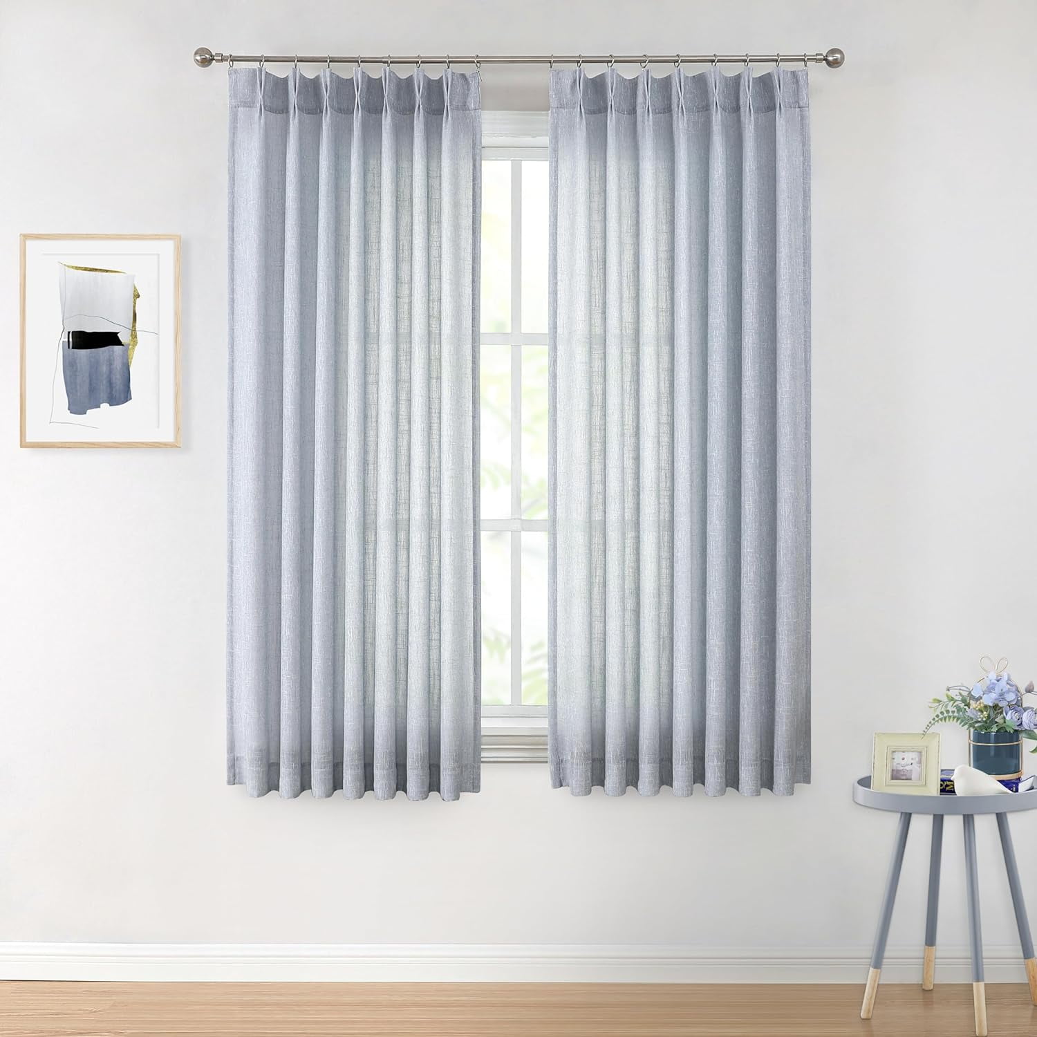 Vision Home Pinch Pleated Blue Semi Sheer Curtains Textured Light ...