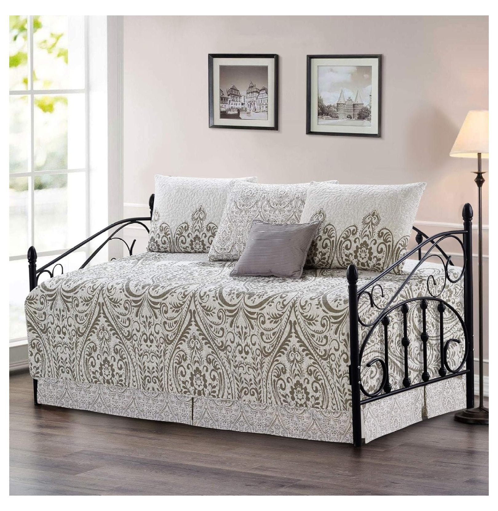 Visionary Damask Gray 6 Pcs Quilted Daybed Bedding Cover Set 75" x 39 ...
