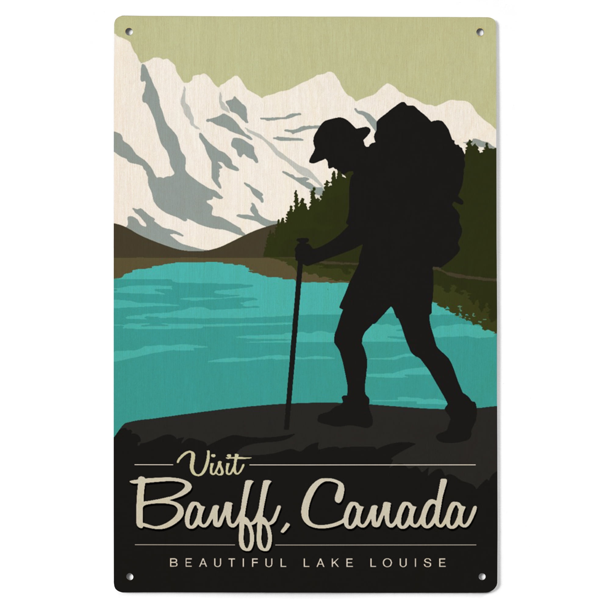 Visit Banff, Canada, Lake Louise, Hiker Vector Birch Wood Wall Sign ...
