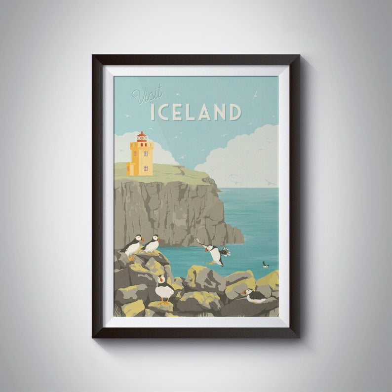 Visit Iceland Travel Poster - Puffins Blue Lagoon Reykjavik Print ...