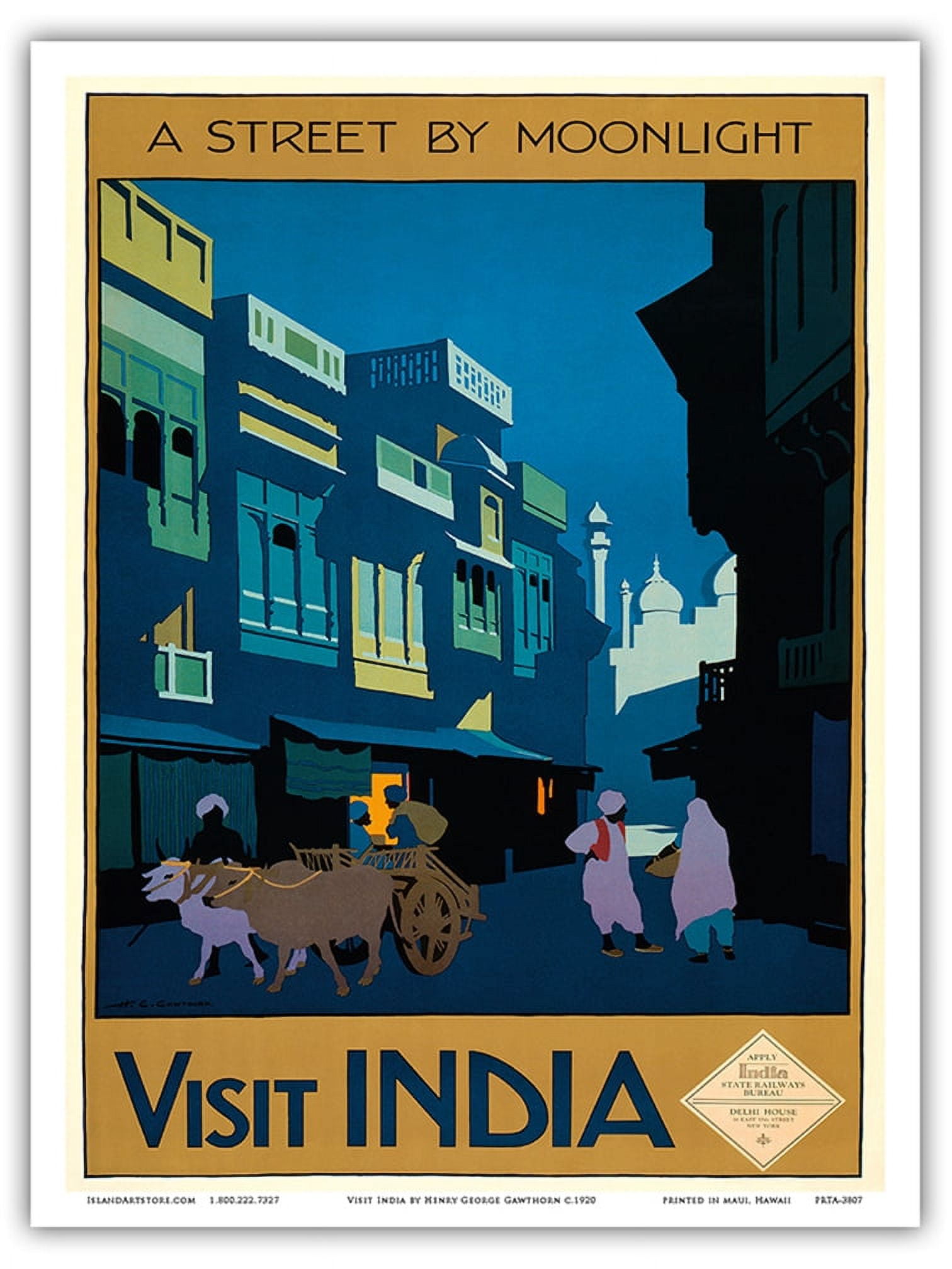 Visit India - A Street by Moonlight - Street Scene with Ox Cart - Vintage Travel Poster by Henry ...