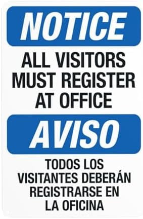 All Visitors Must Register At Office Bilingual Warning Sign, Visitor Security Metal Signs for ...