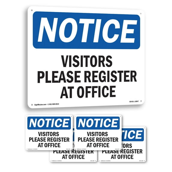 Visitors Please Register At Office OSHA Notice Aluminum Sign 10 Inch x ...