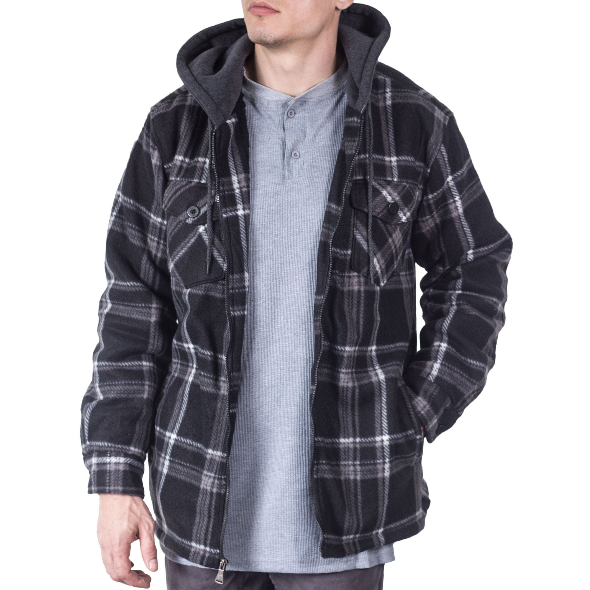 Visive Men's Sherpa-Lined Flannel Hoodie Jacket - Warm Zip-Up Layer for ...