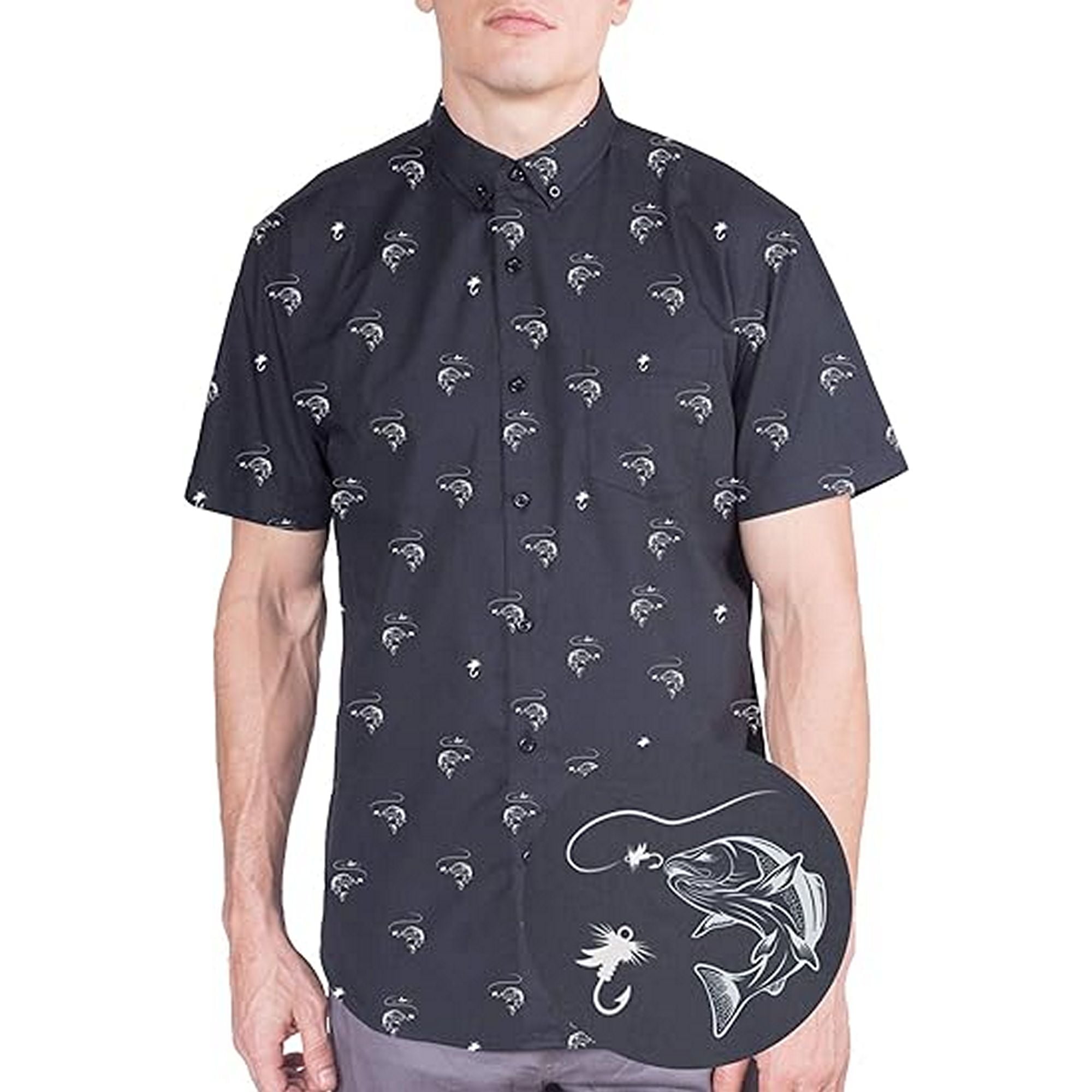 Visive Mens Big And Tall Short Sleeve Button Shirt, Printed Black Fish ...