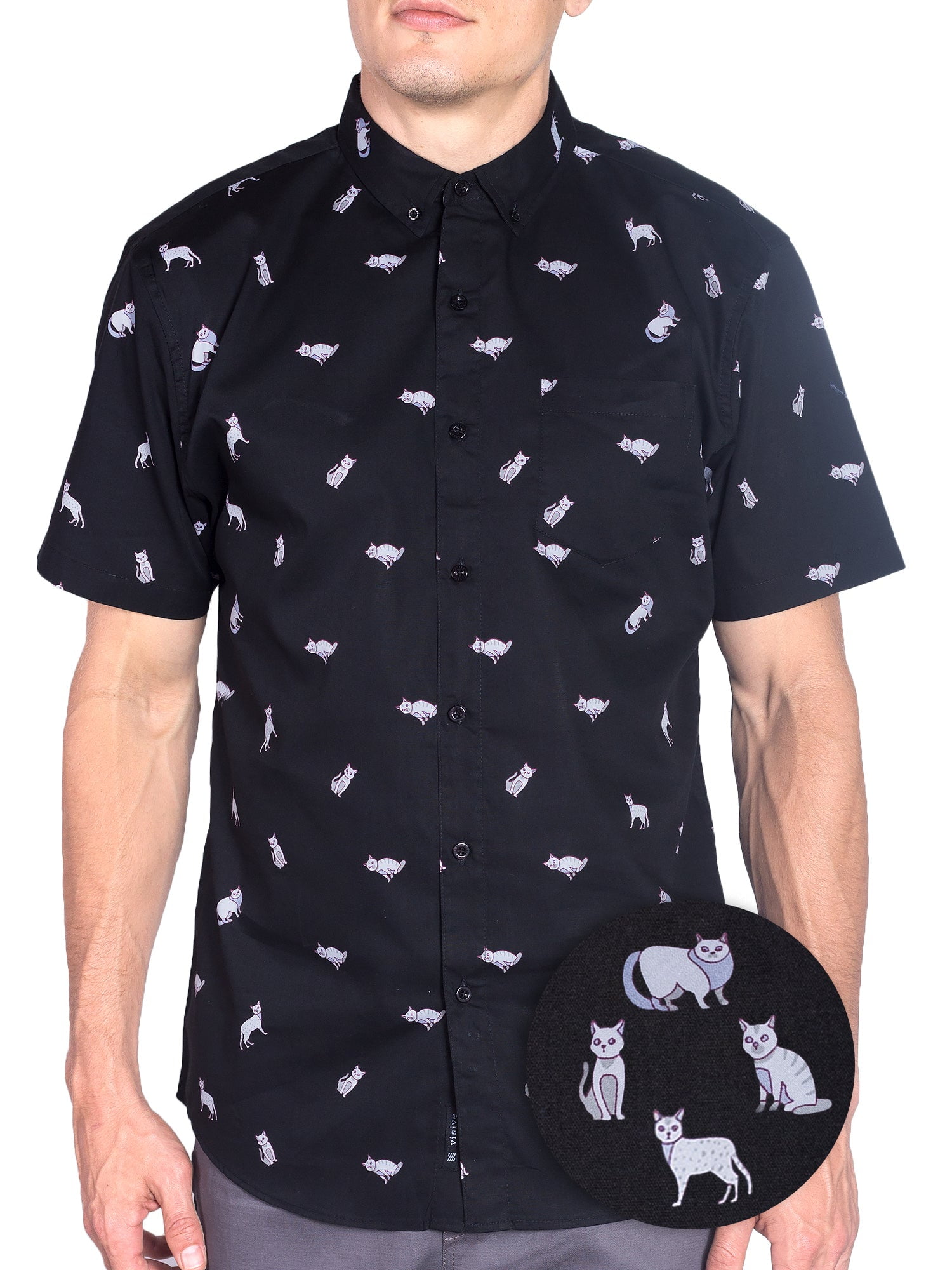 Men’s Cat Print Short Sleeve Button Down Shirt – Funny Novelty Kitty Top – Casual Gift for Cat ...