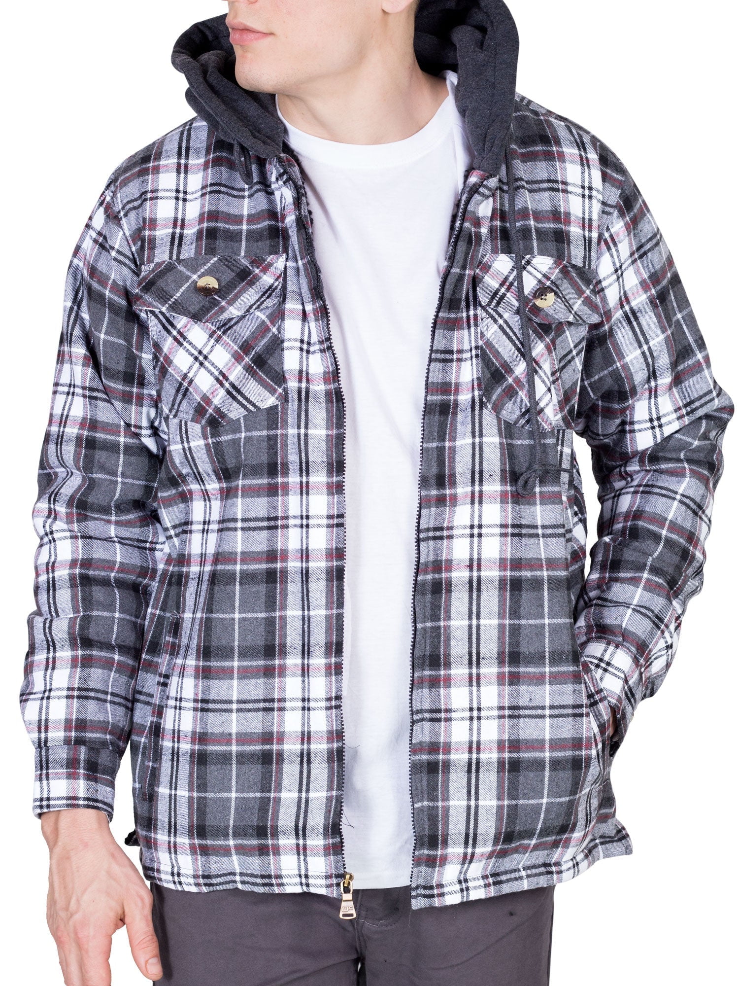 Visive Men's Sherpa-Lined Flannel Zip-Up Hoodie Jacket with Pockets ...