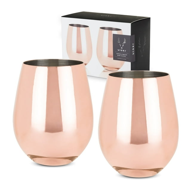 Viski Copper Stemless Wine Glasses for Party, Home Bar Gifts, 18oz Set ...