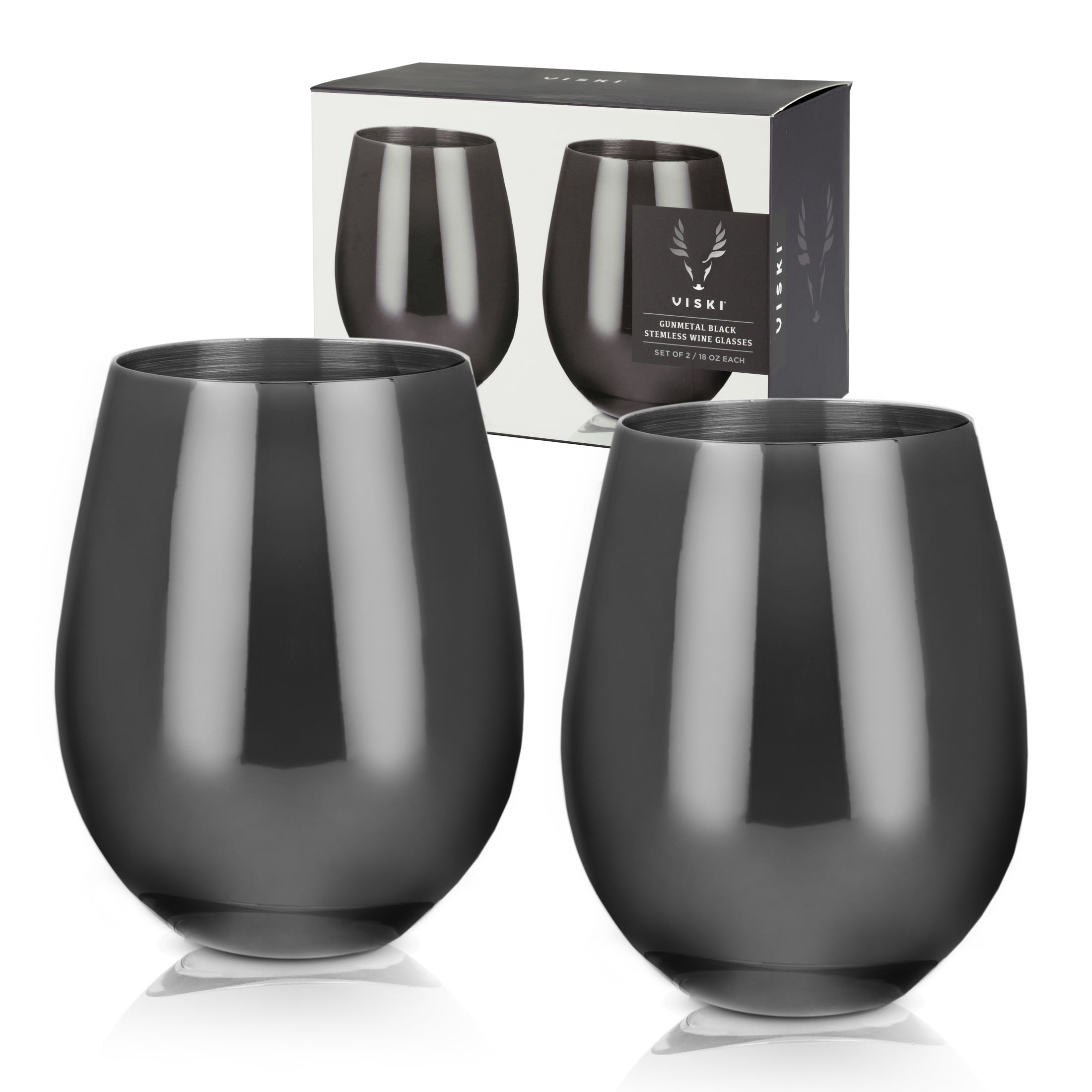 Viski 2-Pack Gunmetal Stemless Wine Glasses, 18 Oz Stainless Steel ...
