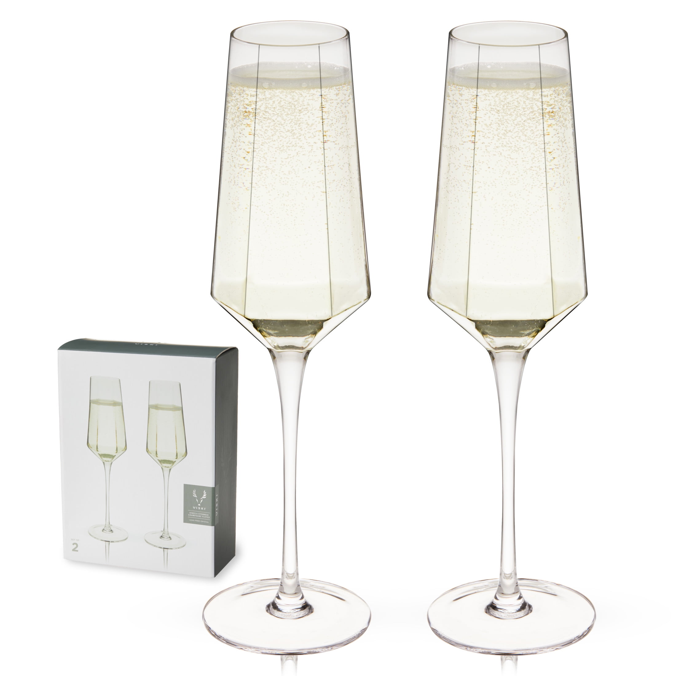 Viski Seneca Crystal Champagne Flutes, Champagne Glasses 9 oz Set of 2 ...