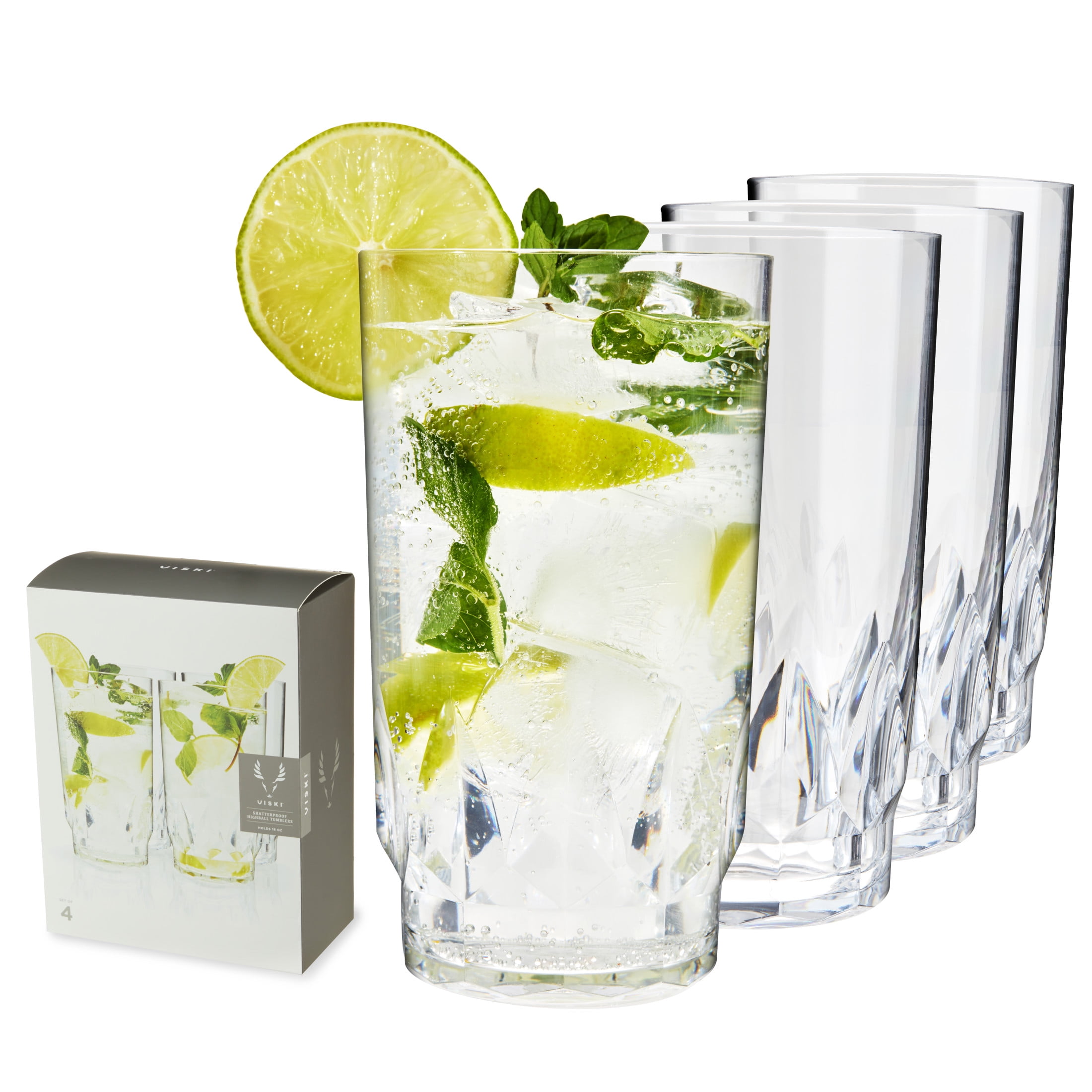 Viski Crystal Acrylic Highball Glasses, Shatterproof Cocktail Drinkware ...