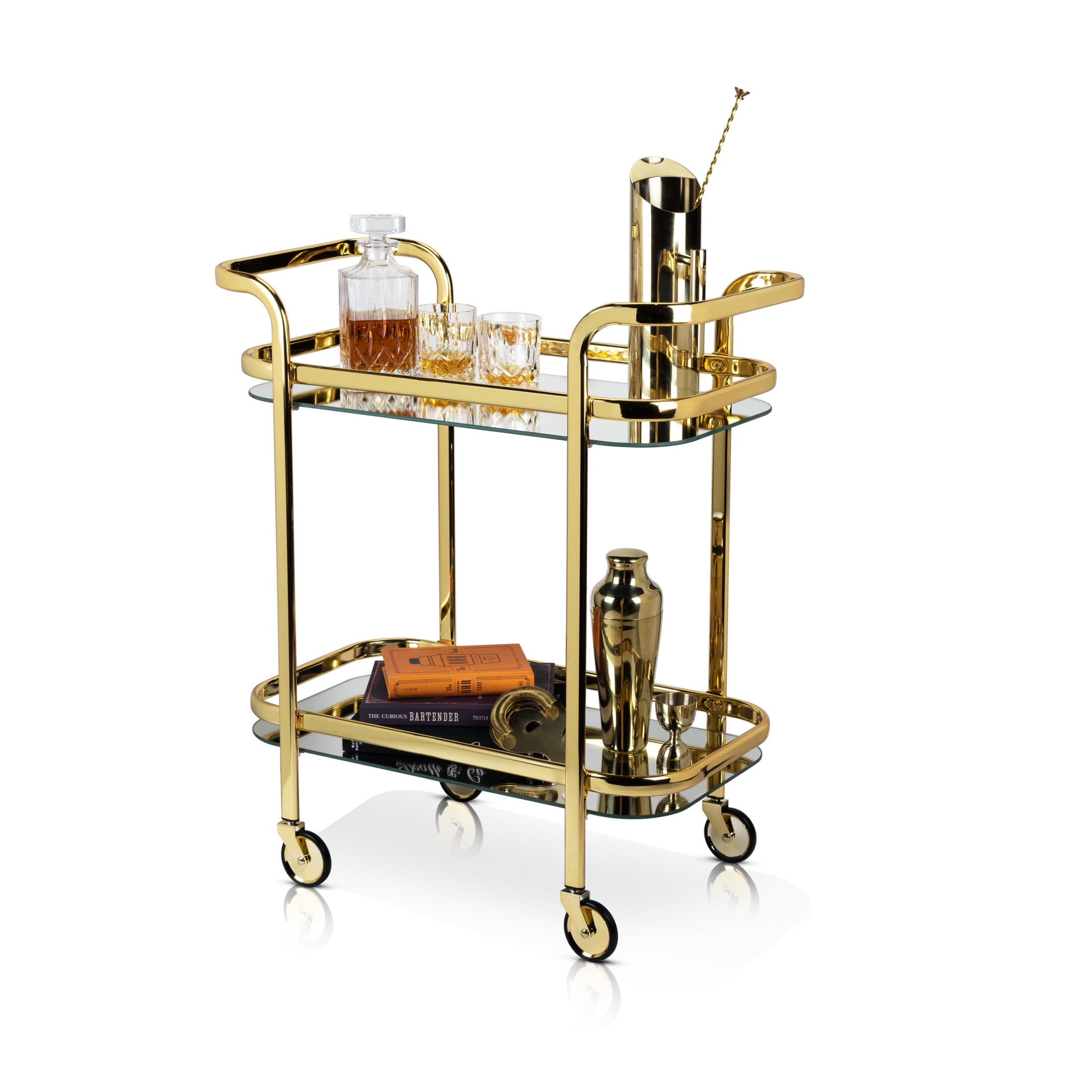 Viski Belmont Gold Stainless Steel Bar Cart with Mirror Shelves and ...