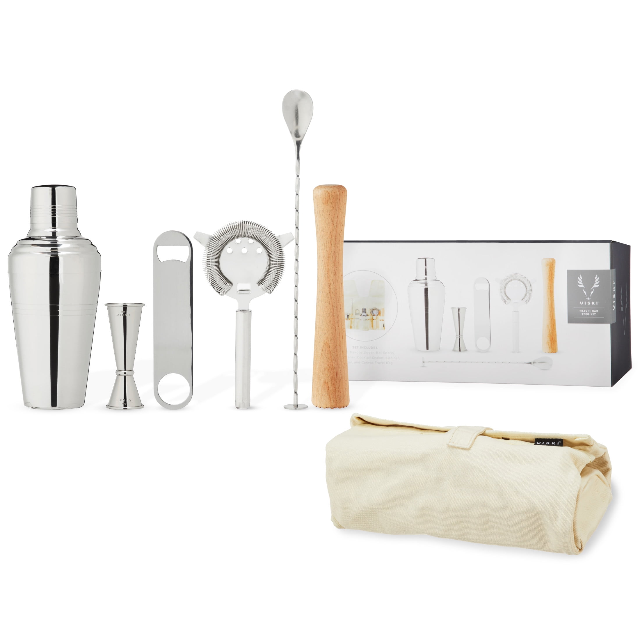 Viski Stainless Steel Travel 6PC Bartender Kit for Home Bar, Barware ...