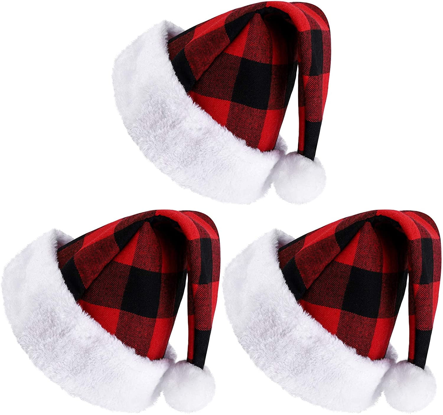 Visland 3PCS Christmas Santa Hat, Red and Black Buffalo Plaid White Cuffs, Plush Fabric Xmas Hat ...