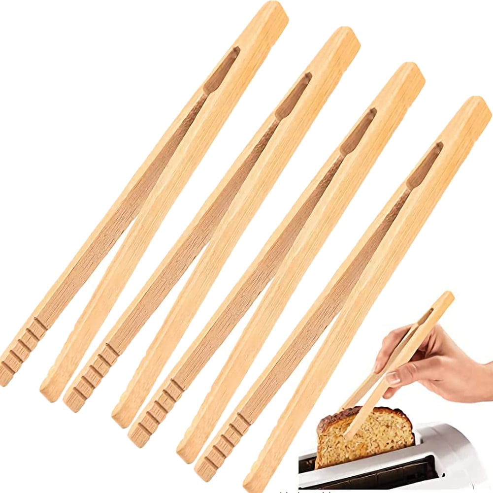 Visland 4/8 Pack Bamboo Toaster Tongs - 7” Reusable Wood Cooking Tongs ...