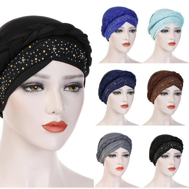 Visland Muslim Women Turban Hat Shiny Rhinestone Long Braid Chemo Cap ...