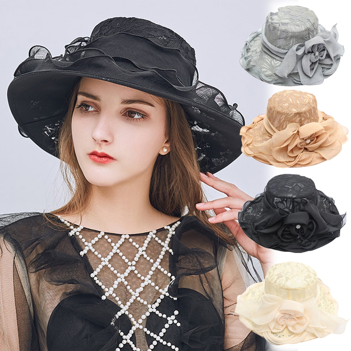 Visland Women Church Cap Wide Brim Summer Sun Hat for Party Wedding Tea ...