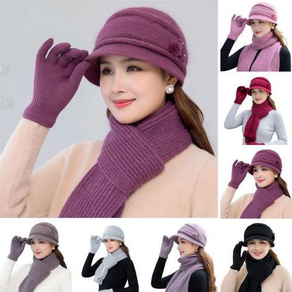 Visland Women's Cozy Knitted Hat, Scarf & Glove Set, Solid Color, 3 ...