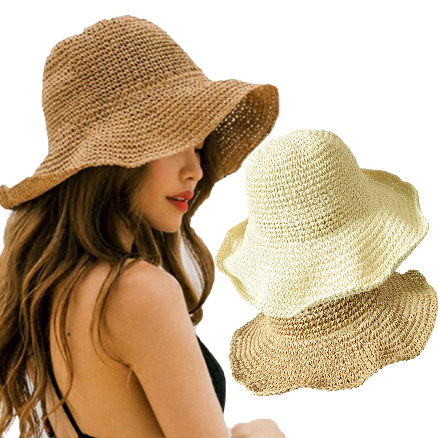 Visland Womens Sun Straw Hat Wide Brim UPF 50 Summer Sun Hat Foldable ...