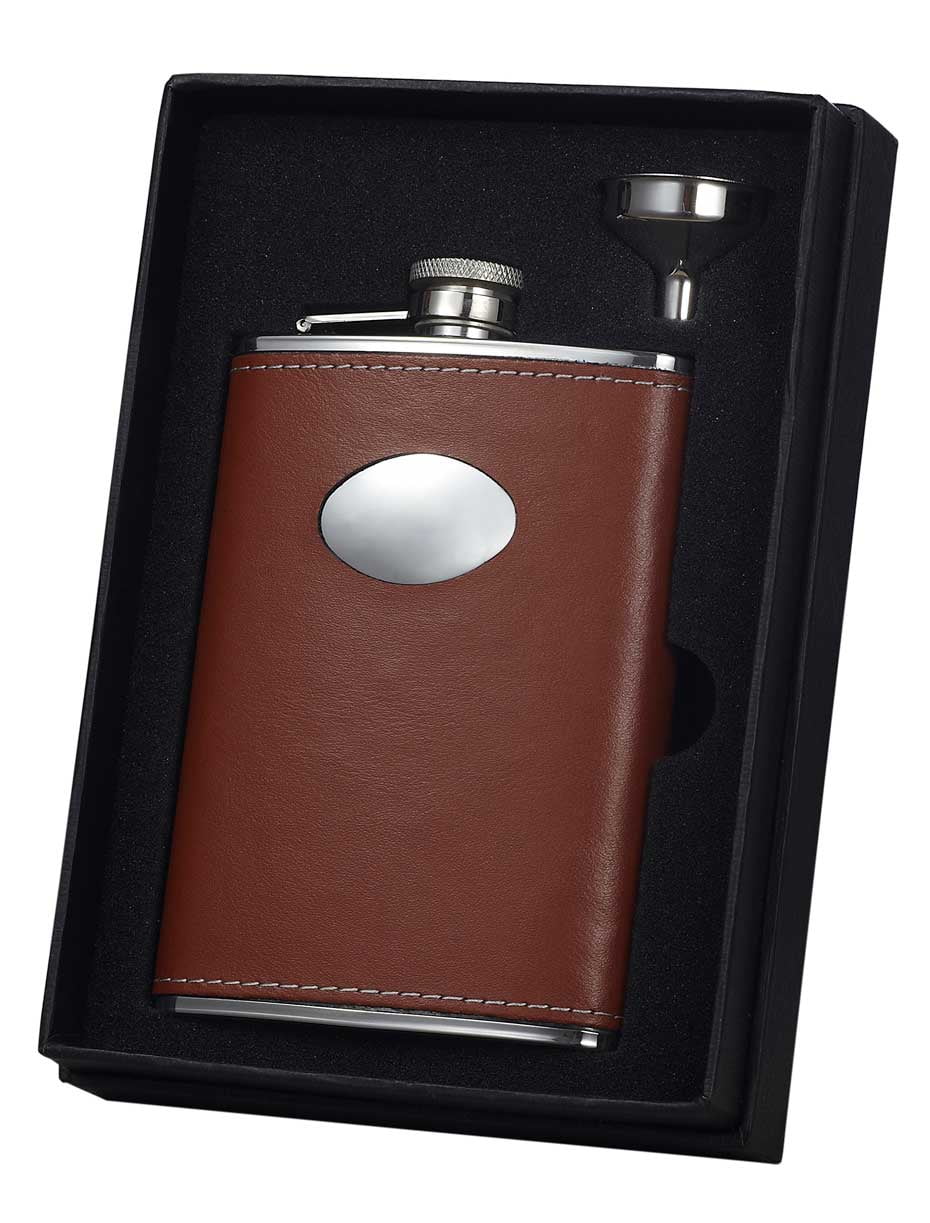 Visol Brown Leather Wrapped 8 oz Stainless Steel Flask Gift Set w ...