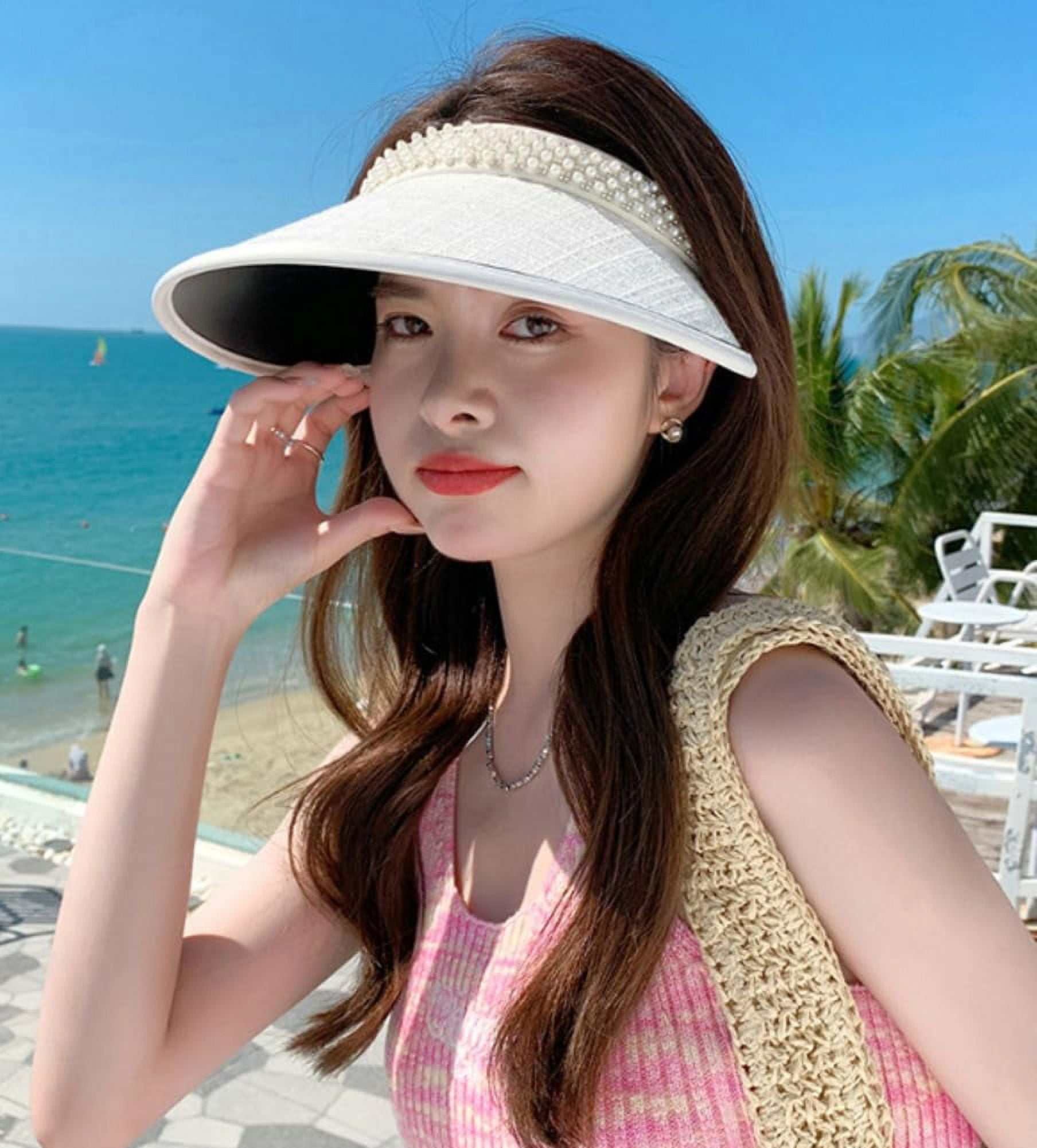 Visor Hats for Women, Summer Pearl Wide Brim Sun Hat Clip on UPF 50+ UV ...