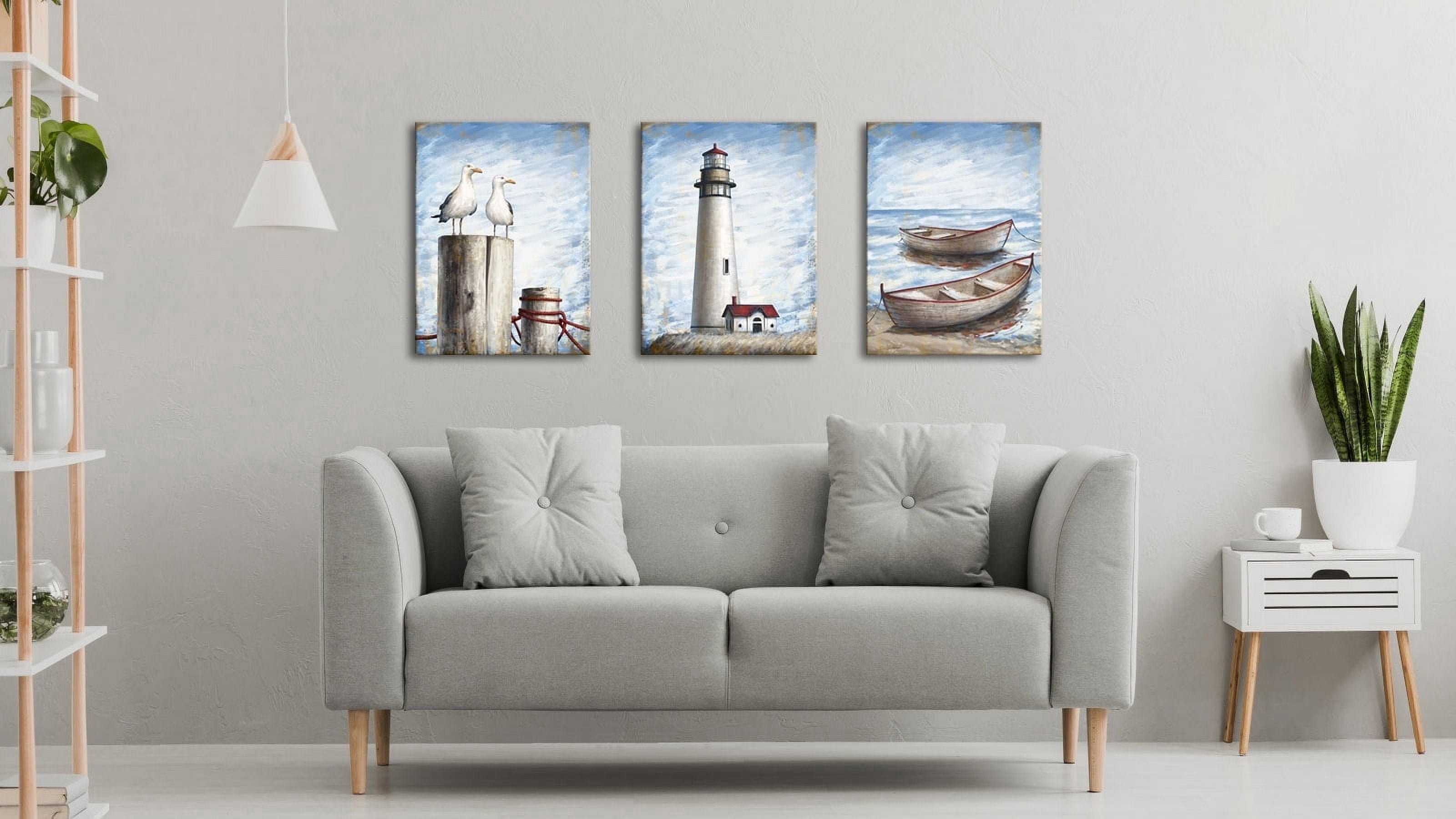 Visual Art Decor Framed Canvas Wall Art, 3-Piece Lighthouse Beach Theme ...