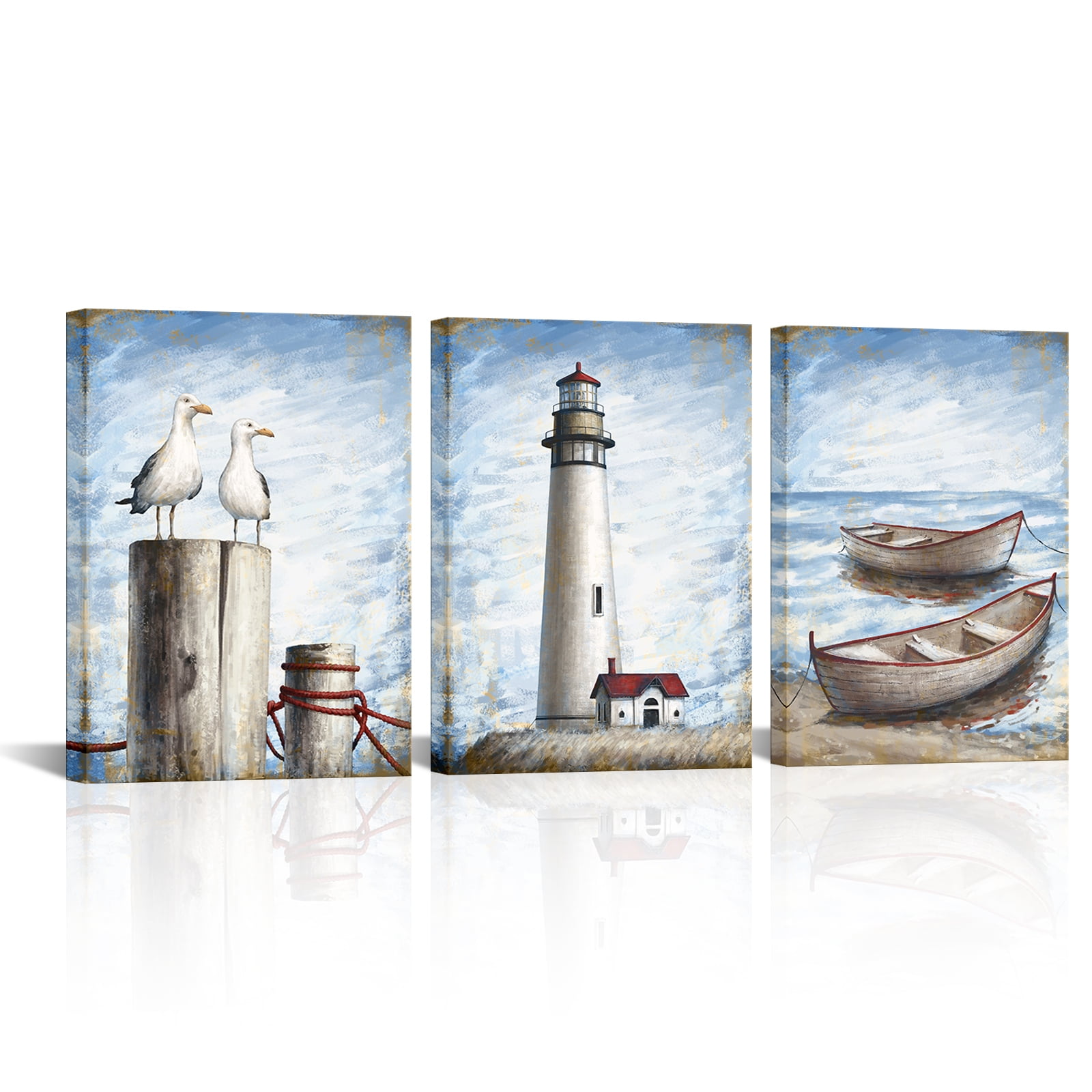Visual Art Decor Framed Canvas Wall Art, 3-Piece Lighthouse Beach Theme ...