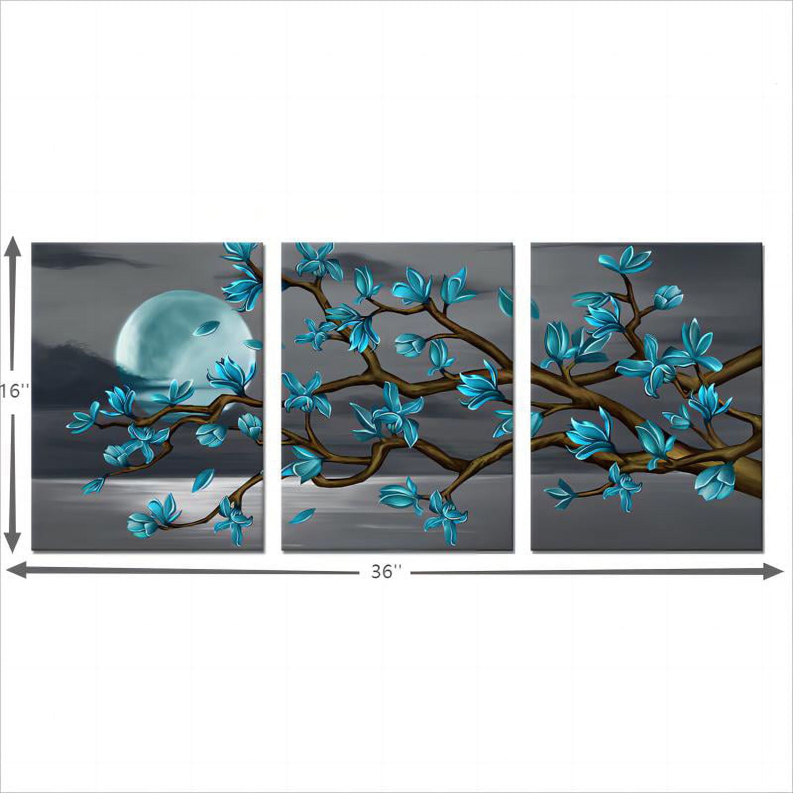 Visual Art Decor, Turquoise Blue Full Moon Flowers Wall Art, 12"x16"x3 ...