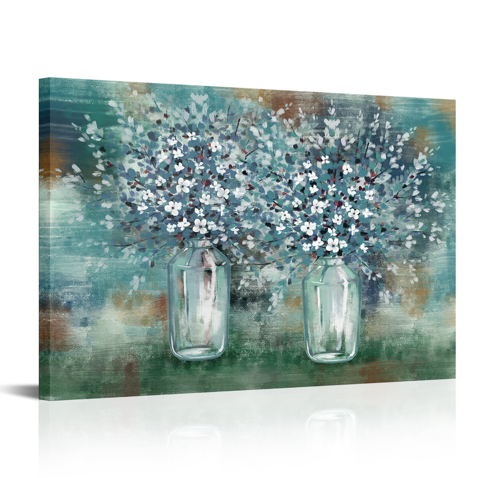 Visual Art Decor - Green Flowers in Vase, Framed Canvas Wall Art, 16 ...