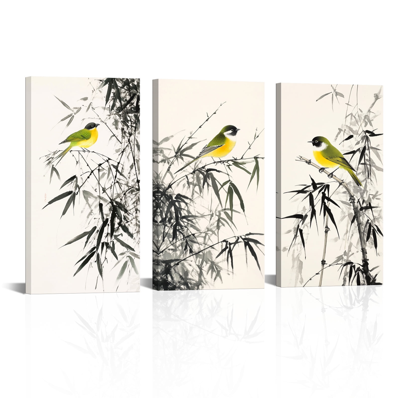 ‌Visual Art Decor Tropical Birds & Bamboo Canvas Wall Art - 3 Panel ...
