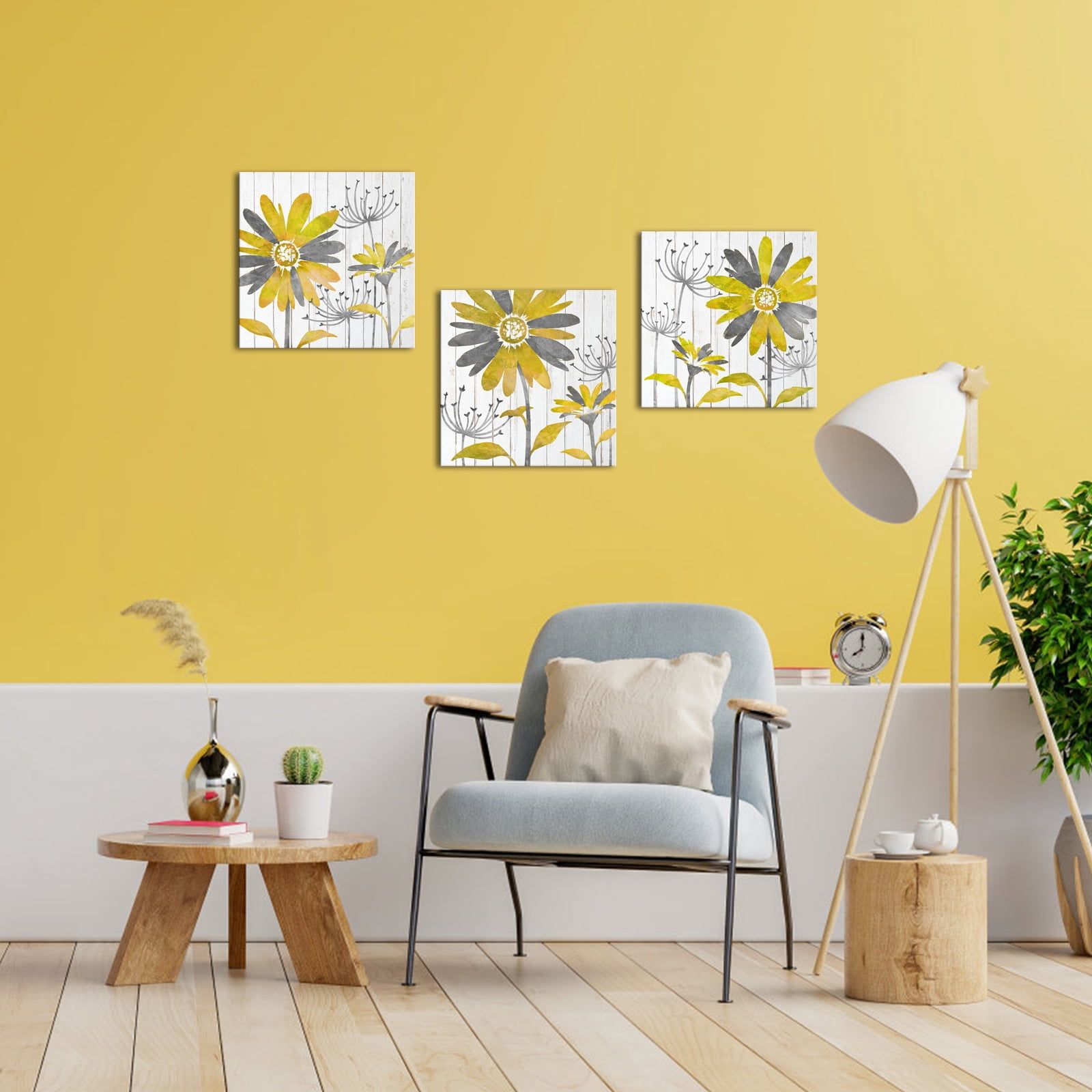 Visual Art Decor Yellow and Gray Daisy Flower Wood Framed Canvas Wall ...