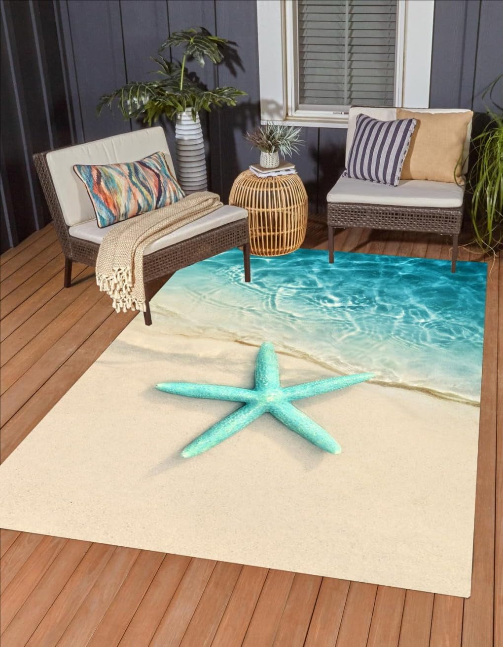 Visual Blue Sea Water Beach Theme Starfish Print Pattern Area Rug For ...