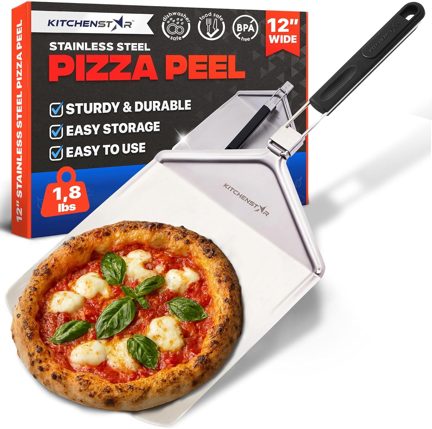 Visualz 12-inch Metal Pizza Peel with Folding Handle - Stainless Steel ...