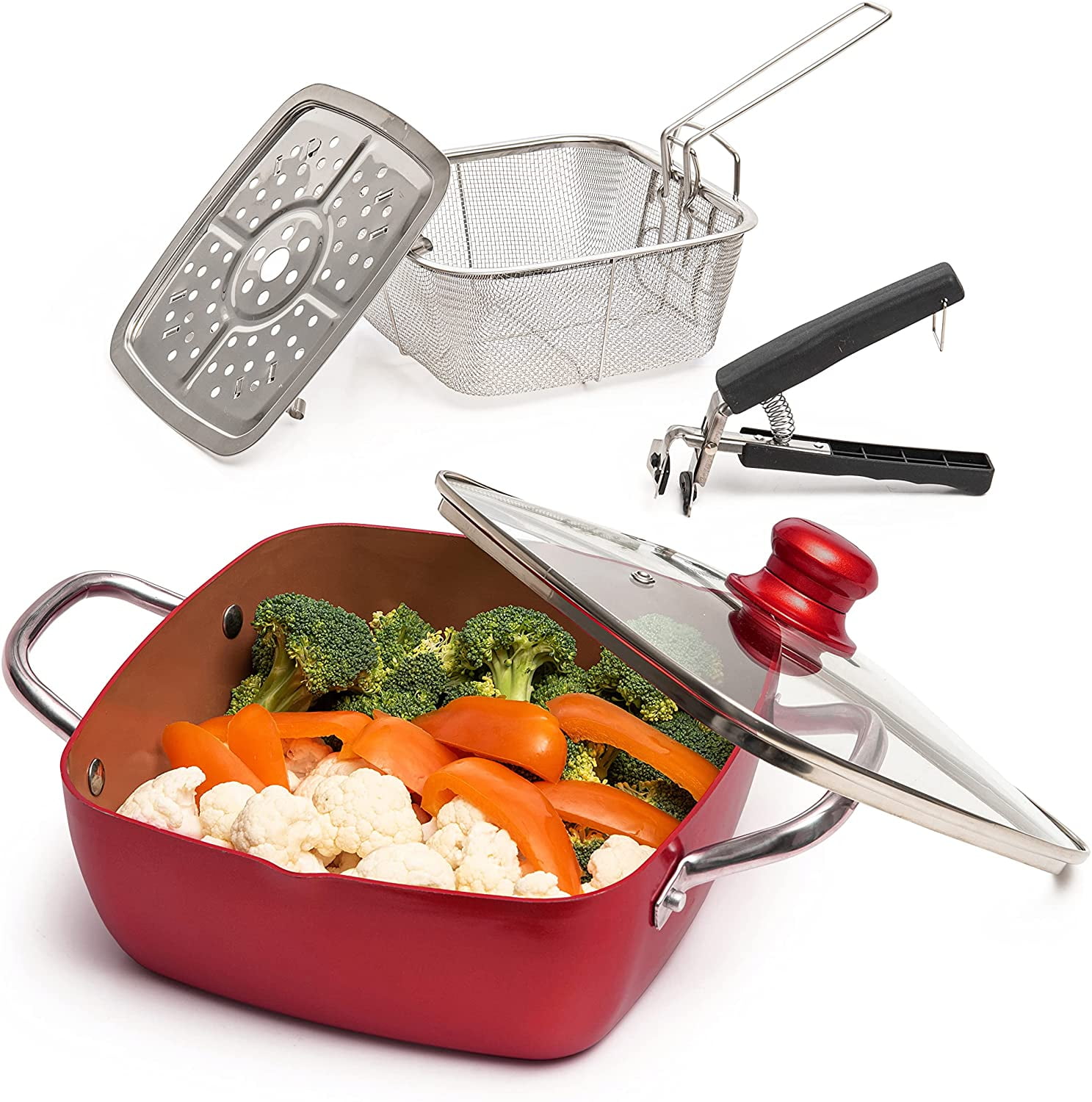 Visualz 5 Pcs Red Copper Chef Cookware Non Stick Deep Frying Pan, Fry ...