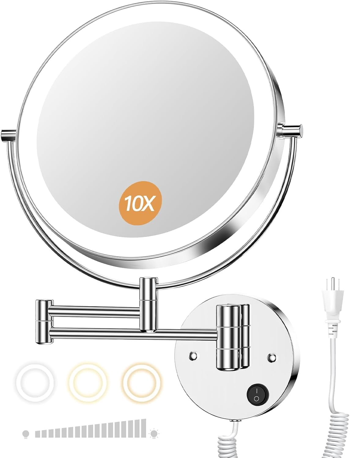 Visualz 9” Wall Mounted Lighted Magnifying Mirror, 1X/10X Magnification ...