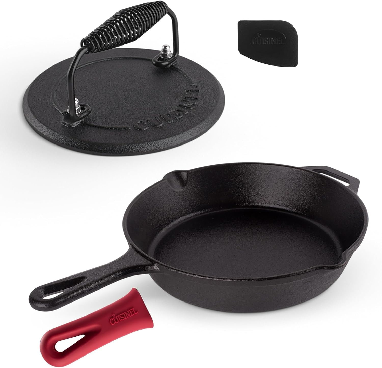 Visualz Cast Iron Skillet + Grill Press + Scraper Set - 10"-inch Pre ...
