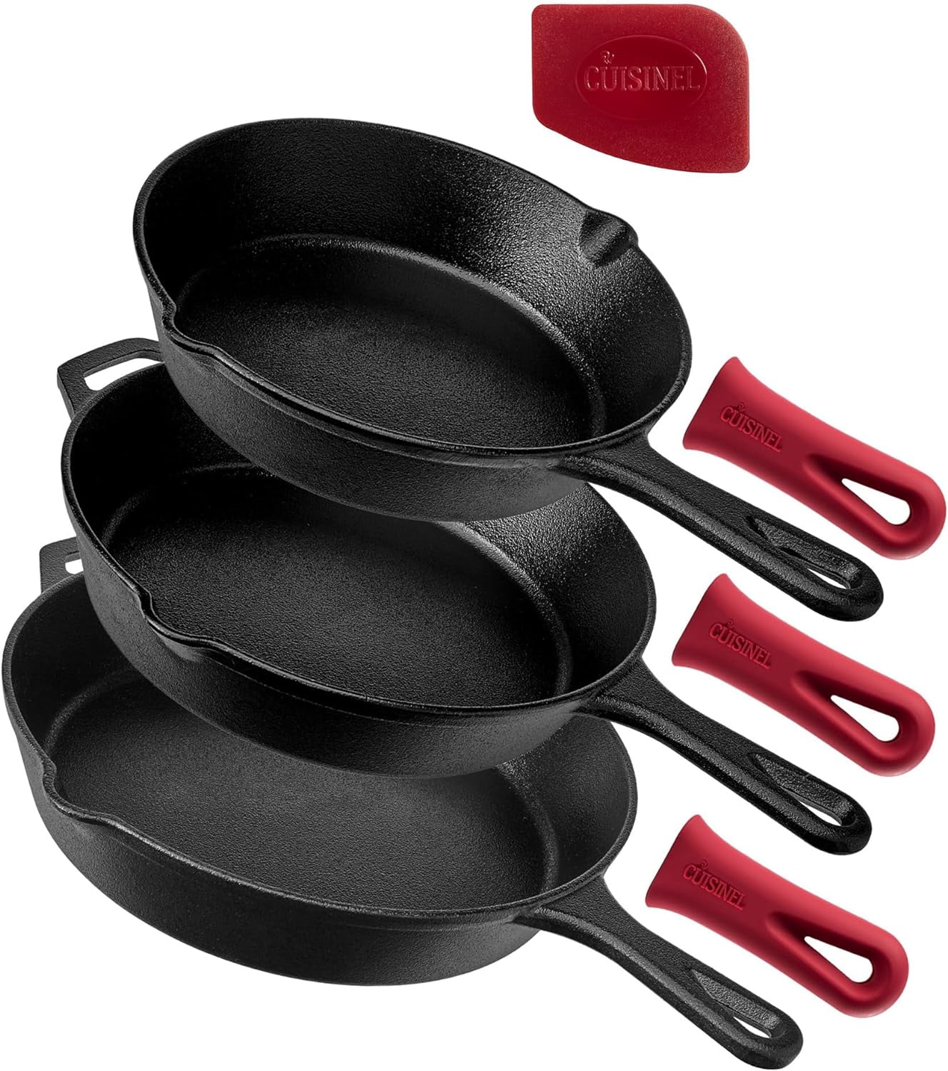 Visualz Cast Iron Skillets Set - 12" + 10" + 8"-Inch Pre-Seasoned ...