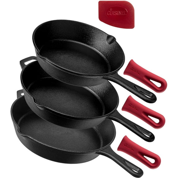Visualz Cast Iron Skillets Set - 12" + 10" + 8"-Inch Pre-Seasoned ...