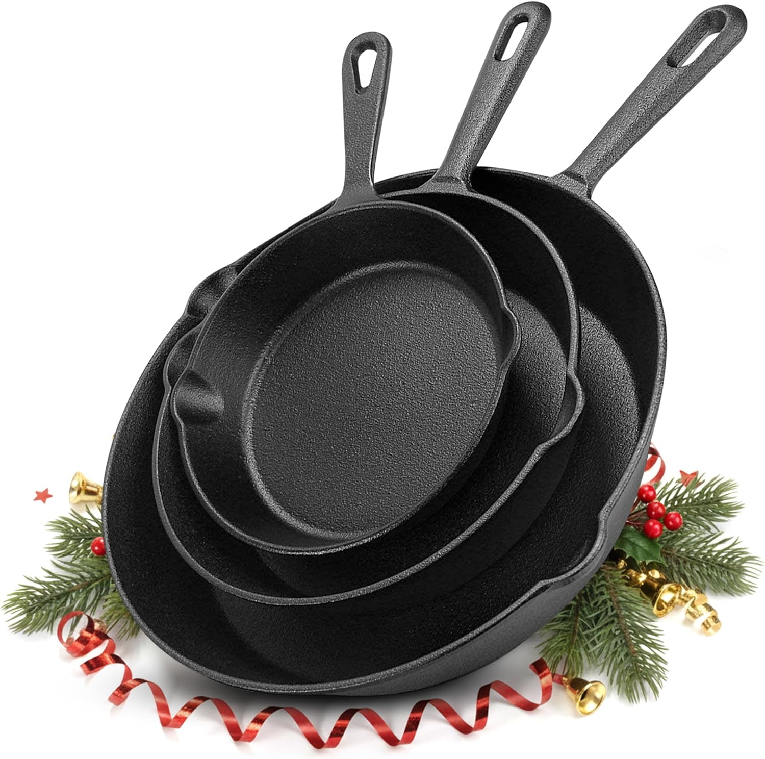 Visualz Cast iron Skillets 3 Piece Set, Chefs Pan, Pre Seasoned Cast ...