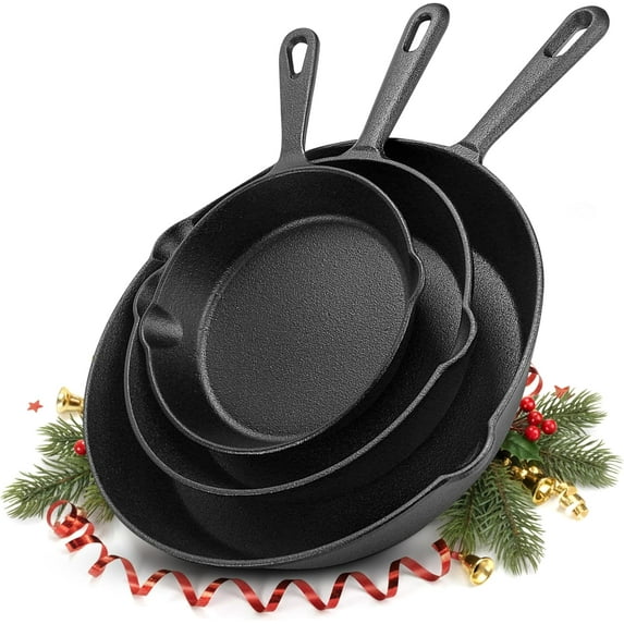 Visualz Cast iron Skillets 3 Piece Set, Chefs Pan, Pre Seasoned Cast ...